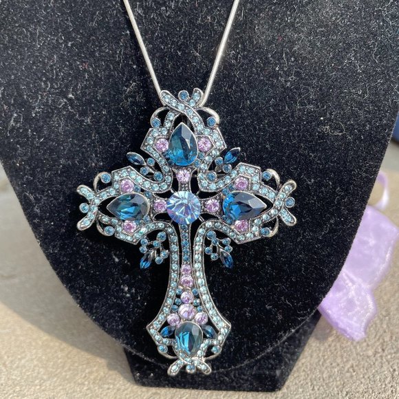 Jewelry | Jeweled Cross Necklace Pendant Pin On Silver Plated Chain ...